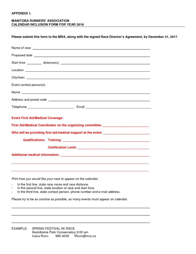 2018 Calendar Inclusion Form – Manitoba Runners' Association