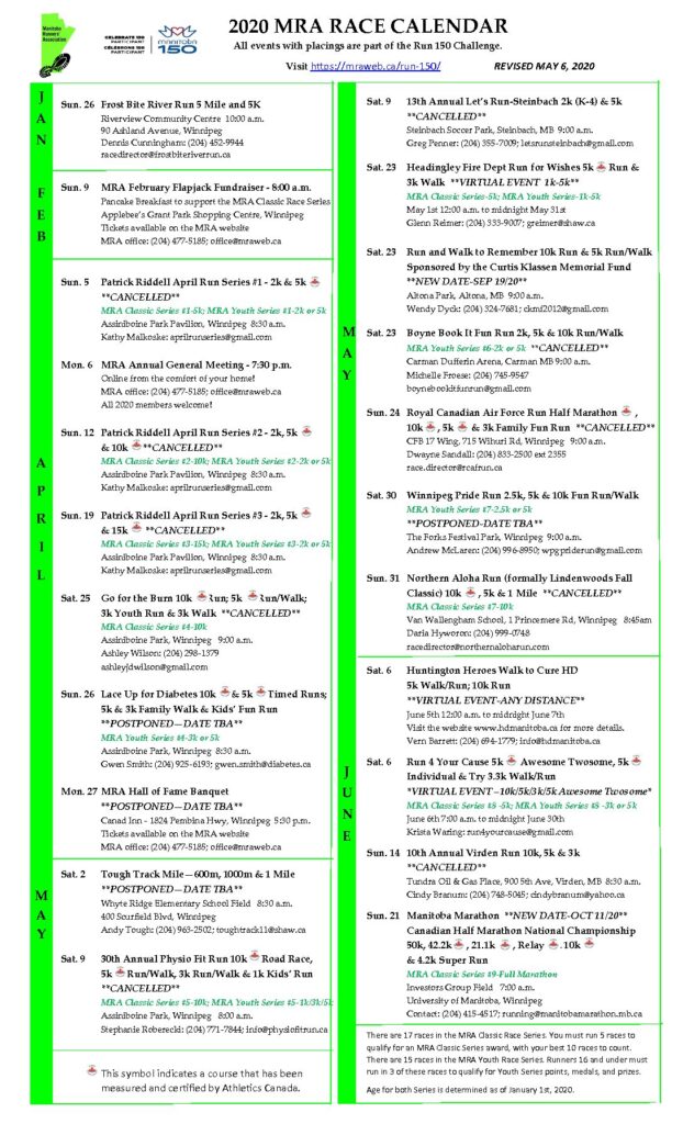2020 MRA Race Calendar – Manitoba Runners' Association